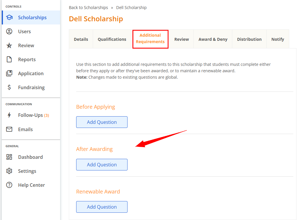 Configuring Post Award Follow Ups Awardspring Help Center