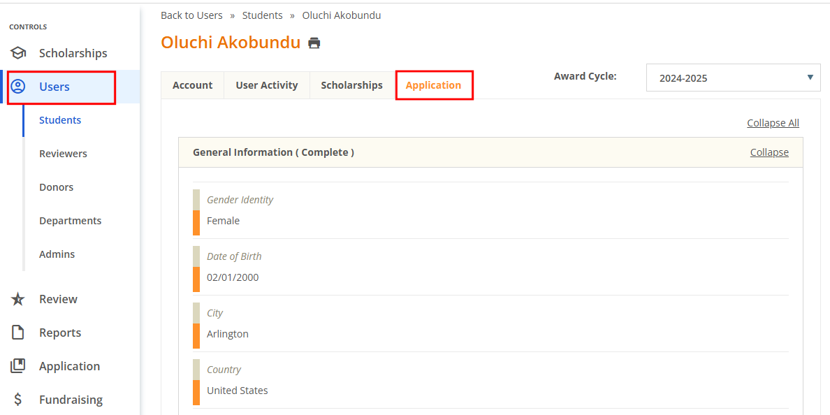 Student Record: Application tab – AwardSpring Help Center