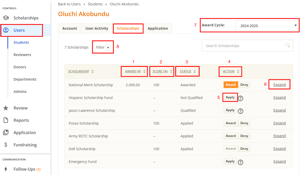 Student Record: Scholarships tab – AwardSpring Help Center